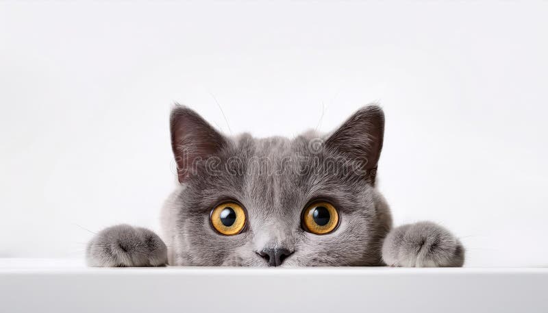 Playful British Grey Cat Peeking from Behind a White Table Whimsical ...