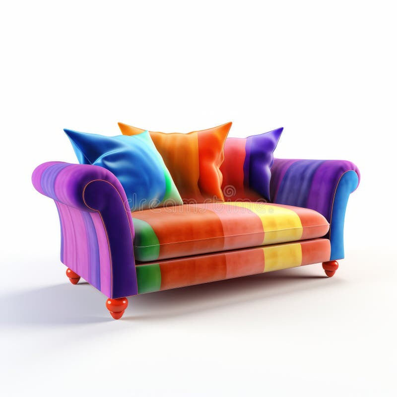 Humorous Upholstered Rainbow Sofa on White Background Stock ...