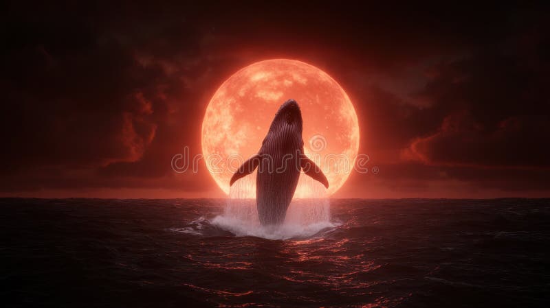 A Humpback Whale Breaches the Ocean Surface in Front of a Red Moon ...