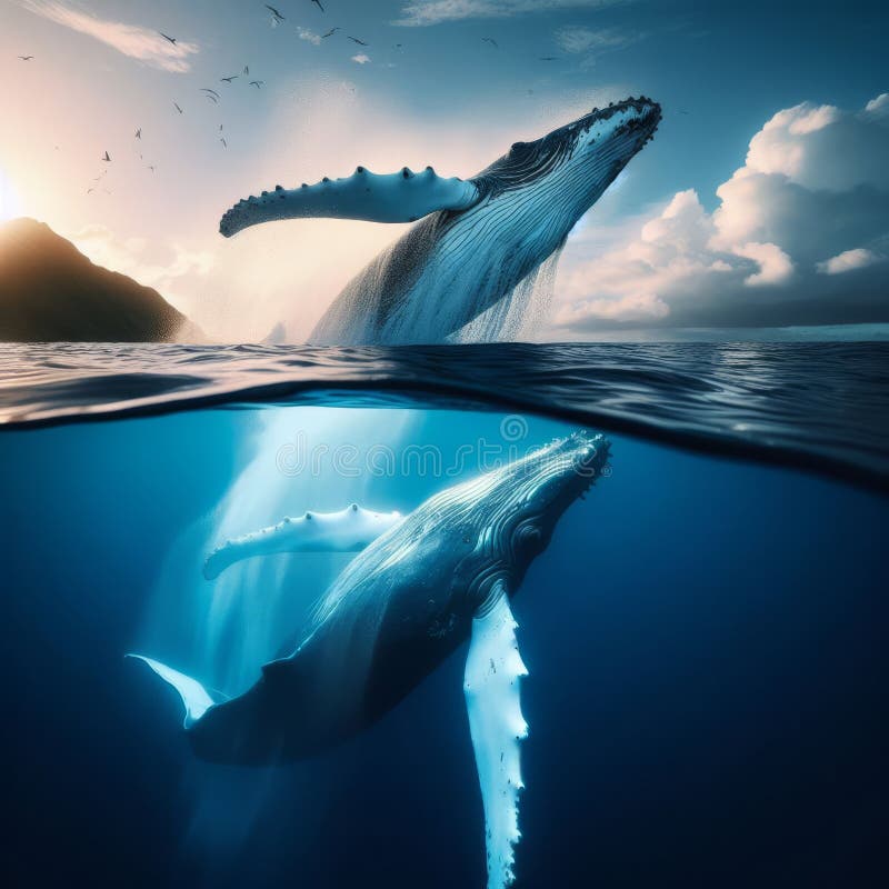 Humpback Whale Breaches the Surface of the Deep Blue Ocean Stock ...
