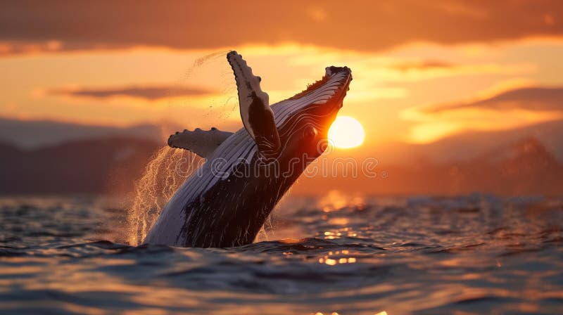 A Humpback Whale Breaches the Water As the Sun Sets in Alaska Stock ...