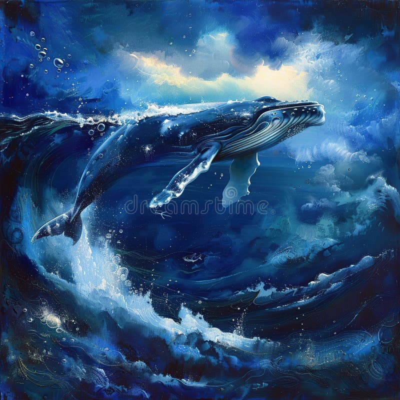 Humpback Whale Breaching Ocean Waves, Blue Tones Stock Illustration ...
