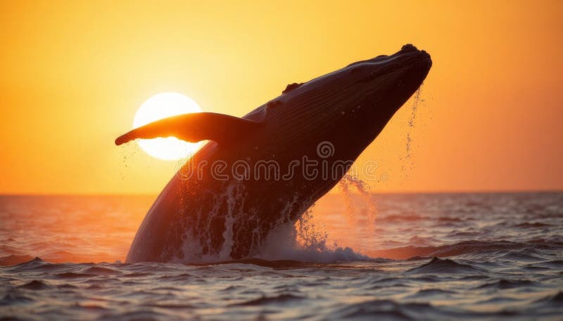 Humpback Whale Breaching at Sunset Stock Photo - Image of marine ...