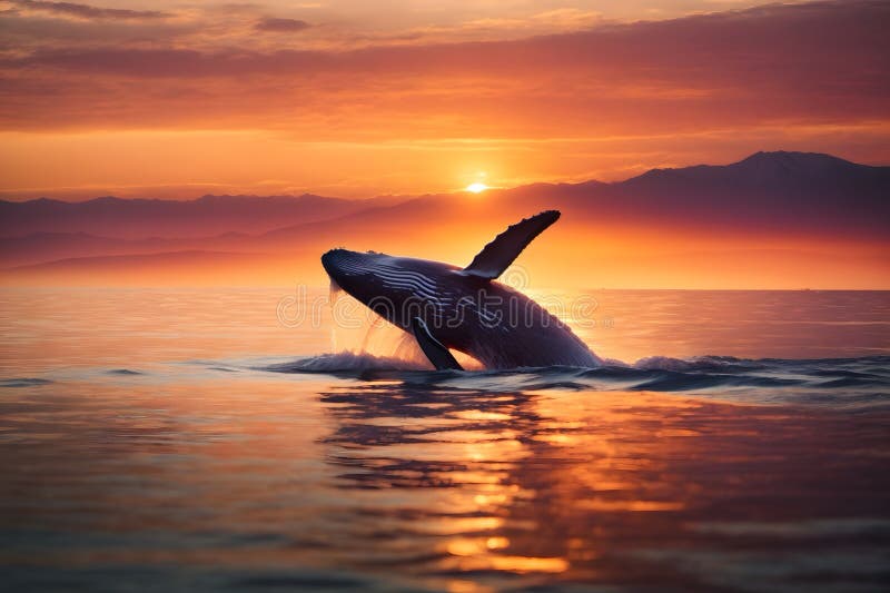 A Humpback Whale Jumping the Surface of Water at Sunset Stock Photo ...