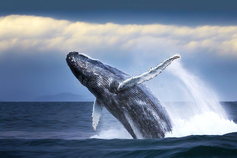 Humpback Whale Jumping from Water Against Backdrop of Seascape Stock ...