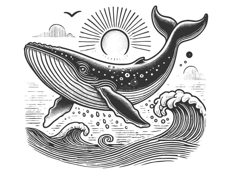 Humpback Whale Jumping from Waves Engraving Vector Stock Vector ...