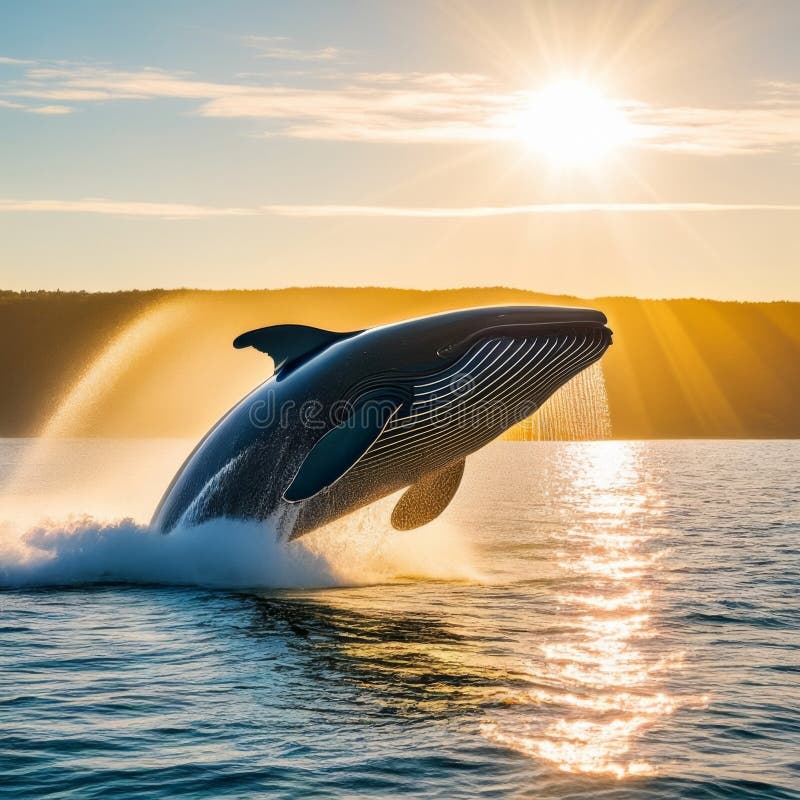 Humpback Whale in the Sea at Sunset with Sun Rays. Stock Illustration ...