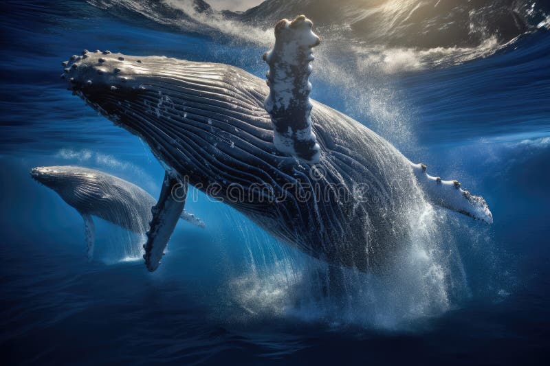 Humpback Whales Diving Deep in the Pacific, Ai Generated Stock ...