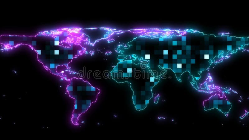 Hundred Digital Light Global Map Blue Tone and Random Faded on Black ...