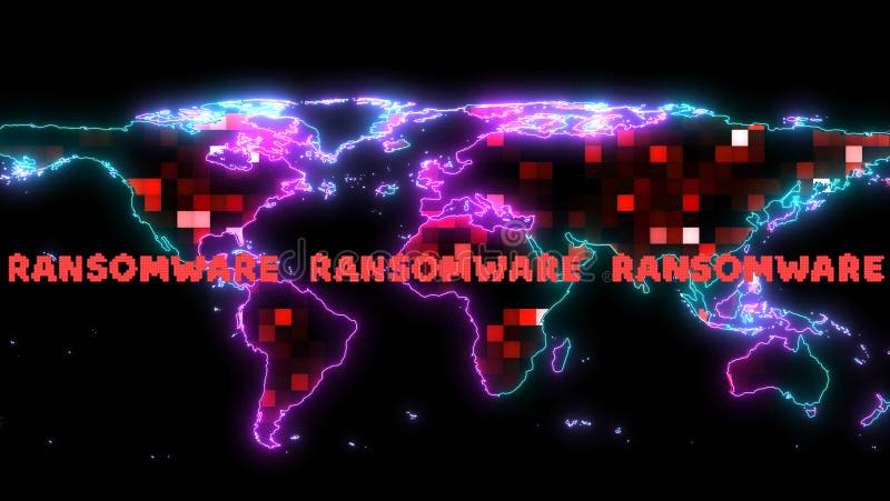 Hundred Digital Light Global Map and Bold Ransomware Text. Concept ...