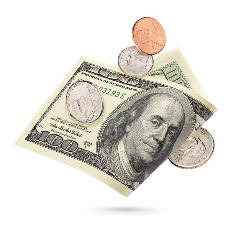 Hundred Dollar Bill and Different Cent Coins Isolated on a White Stock ...