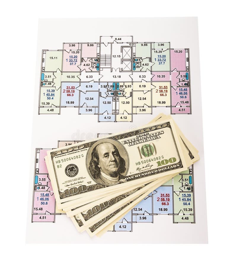 Hundred Dollar Bills Money Pile on Blueprints Stock Photo - Image of ...