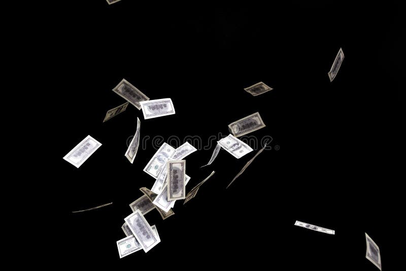Hundred Dollars Banknotes Fly Black Background Money Rain Concept Stock ...