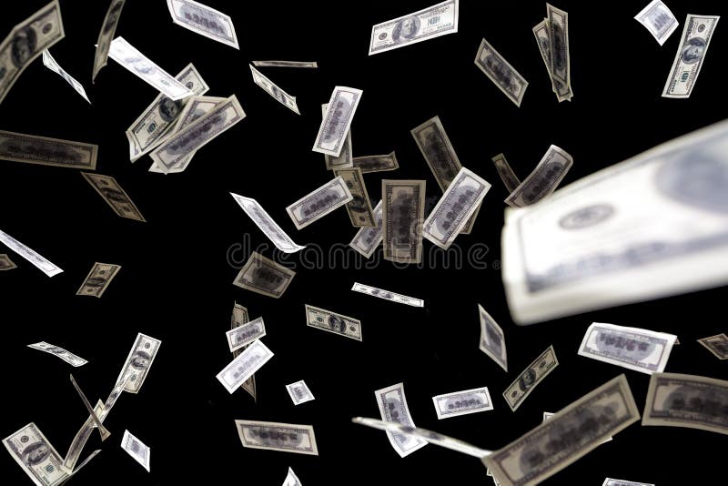 Hundred Dollars Banknotes Fly Black Background Money Rain Concept Stock ...