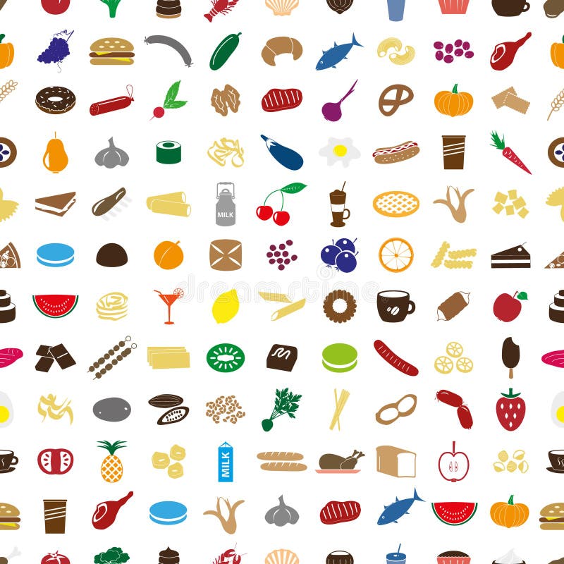 Hundred Various Food and Drink Color Icons Seamless Pattern Eps10 Stock ...