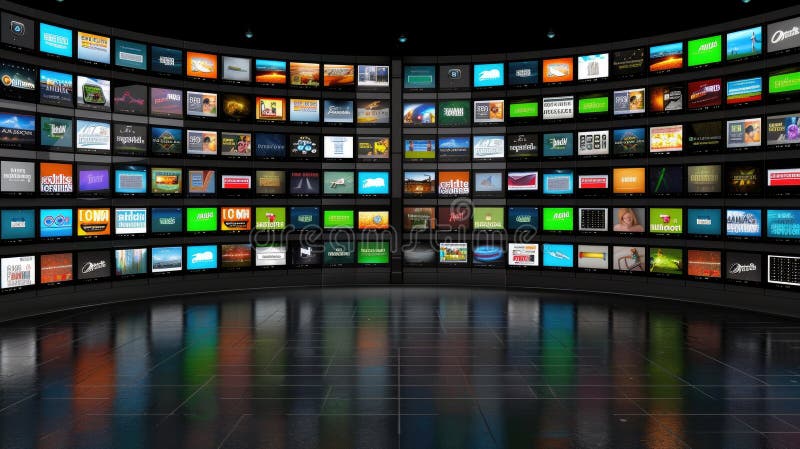 Hundreds of Digital Screens are Arranged on a Curved Wall in a Dark ...