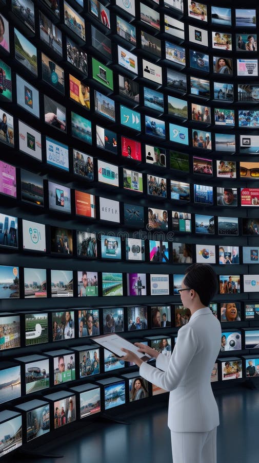 Hundreds of Digital Screens are Arranged on a Curved Wall in a Dark ...