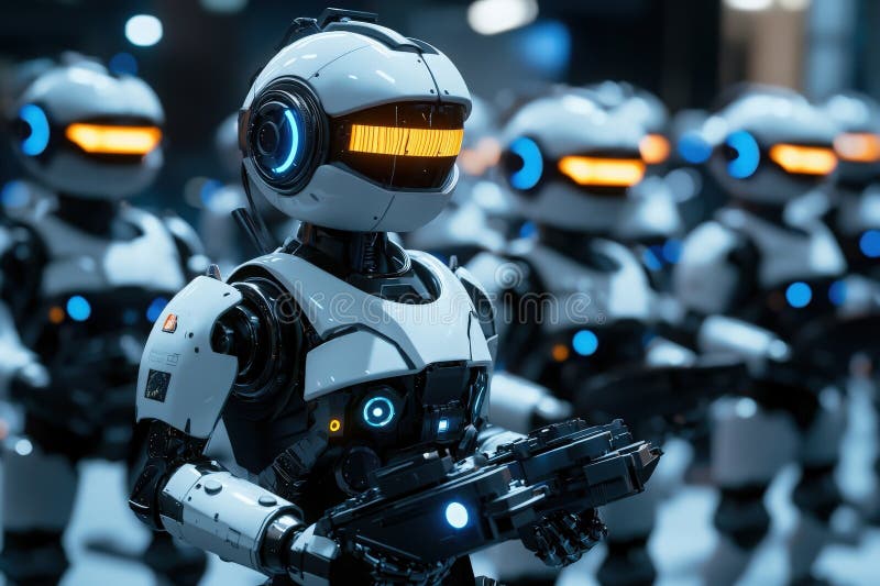 Hundreds of Futuristic Robots Lined Up in a High-tech Environment ...
