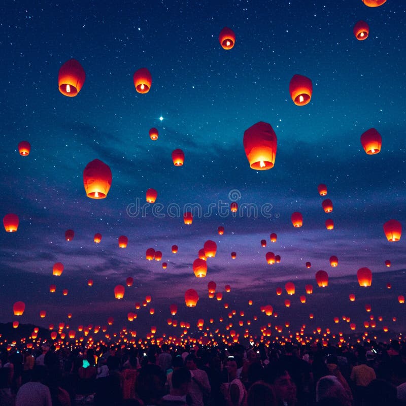 Hundreds of Glowing Red Lanterns Float Upward Against a Starlit Night ...