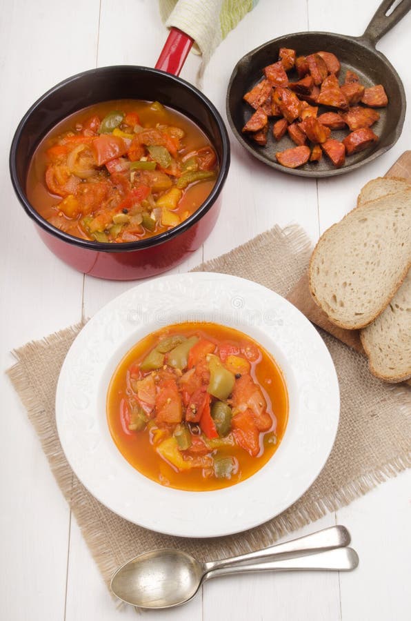 Hungarian Letcho with Bread and Kolbasz Stock Photo - Image of letcho ...