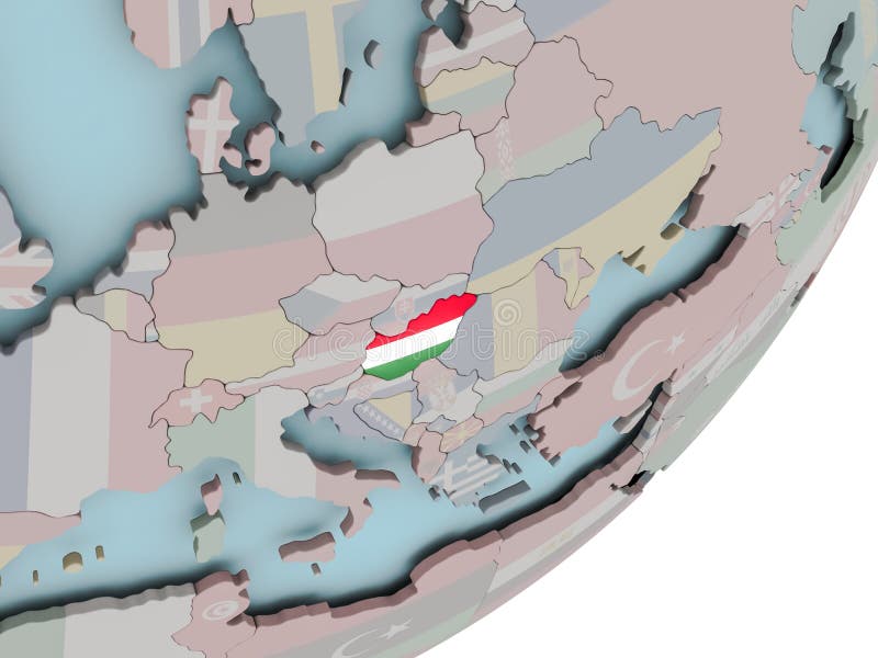 Hungary on Globe with Flags Stock Illustration - Illustration of travel ...