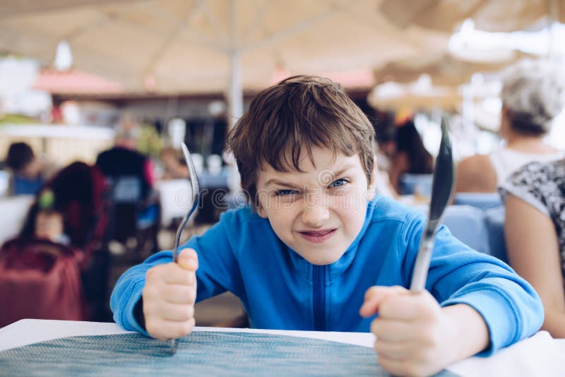 Hungry Angry Little Boy Waiting for His Dinner Stock Photo - Image of ...