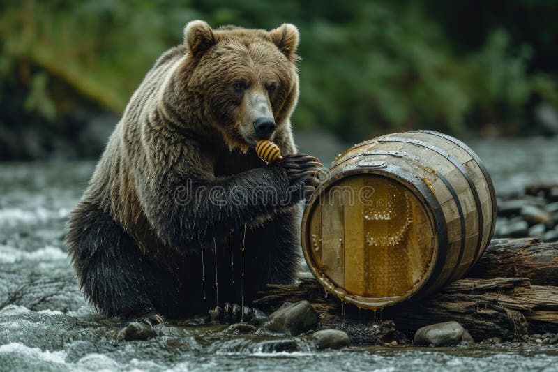 A Hungry Bear Eats Honey from a Barrel Near a River in Nature Stock ...