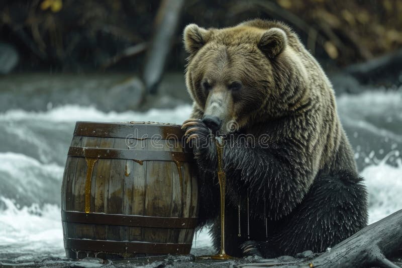 A Hungry Bear Eats Honey from a Barrel Near a River in Nature Stock ...