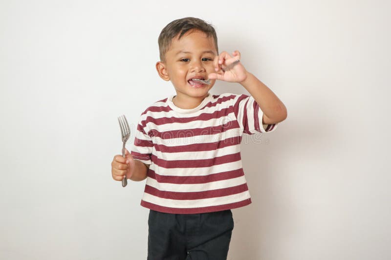 Hungry Boy with Fork and Spoon Ready for Lunch Isolated Stock Photo - Image of breakfast ...