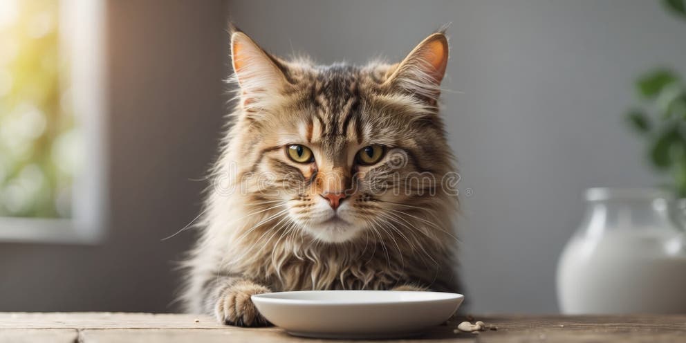 A Hungry Cat Next To a White Empty Bowl. Stock Image - Image of ...