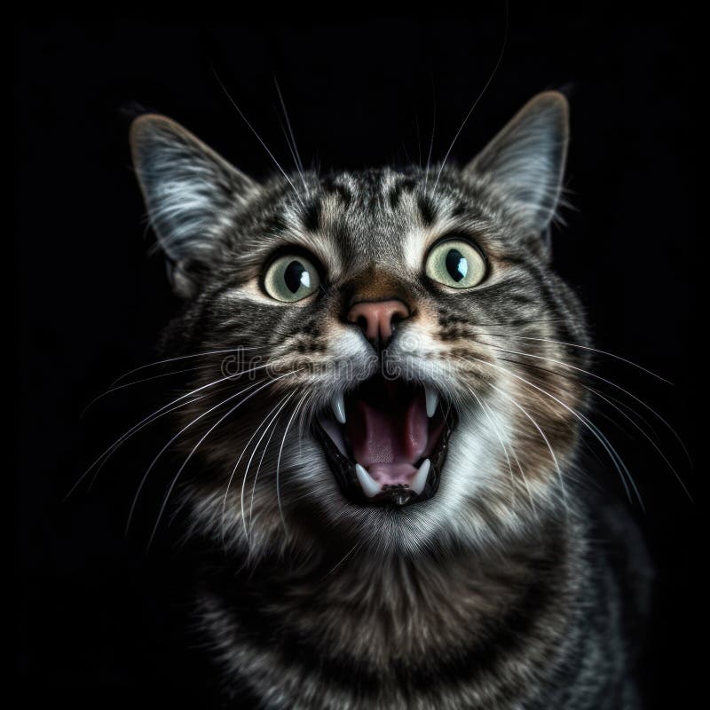 Hungry Cat with Opened Mouth Waiting for Snack on Black Background ...