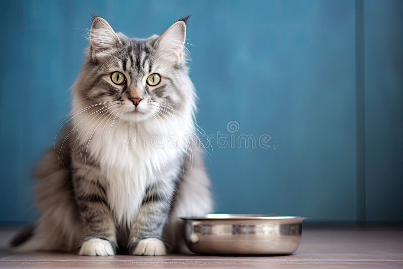 Hungry Cat Sits in Front of a Food Bowl AI Generated Stock Illustration ...