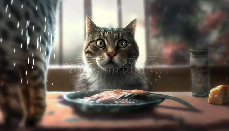 Hungry Cat by the Table, Sadly Staring. Cute Kitten with the Food Stock ...
