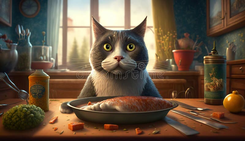 Hungry Cat by the Table, Sadly Staring. Cute Kitten with the Food Stock ...