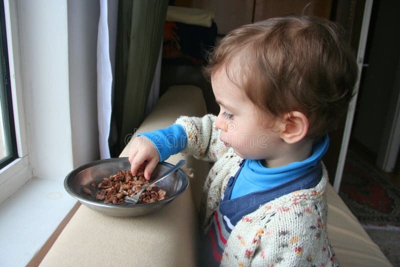 Hungry child eating meat stock photo. Image of child - 30354702