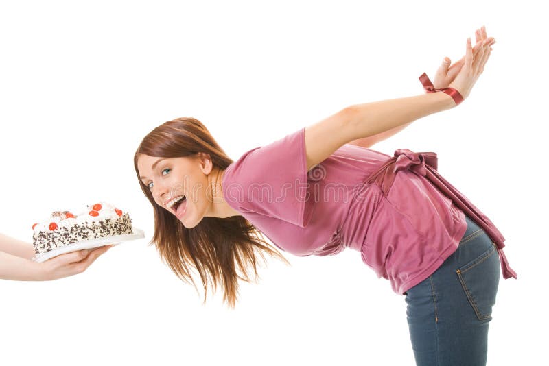 Hungry Girl with Pie, Isolated Stock Photo - Image of casual, hungry ...