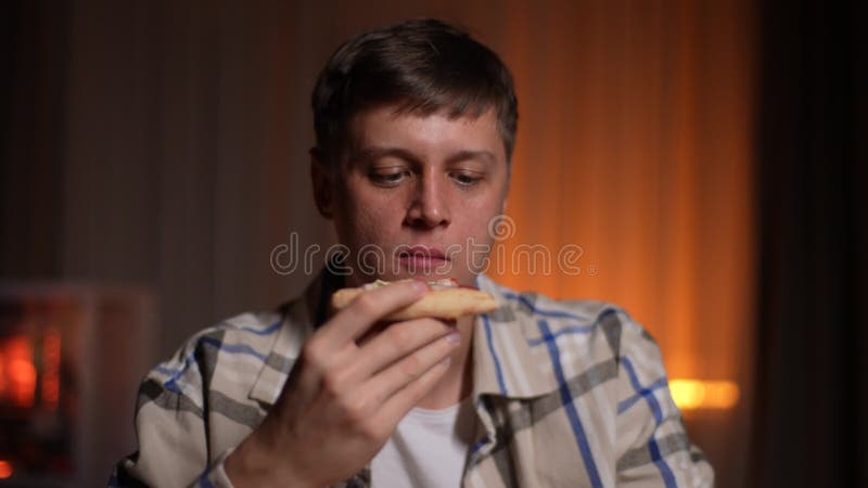 Hungry Handsome Young Man Biting Delicious Slice of Pizza Sitting Alone ...