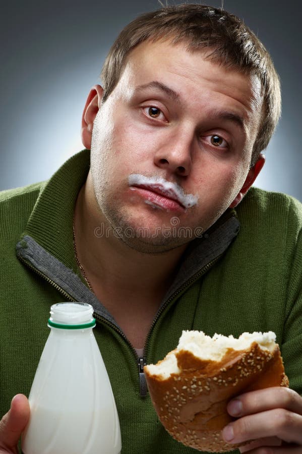 Hungry Corpulent Man Eating White Bread Stock Photo - Image of dinner ...
