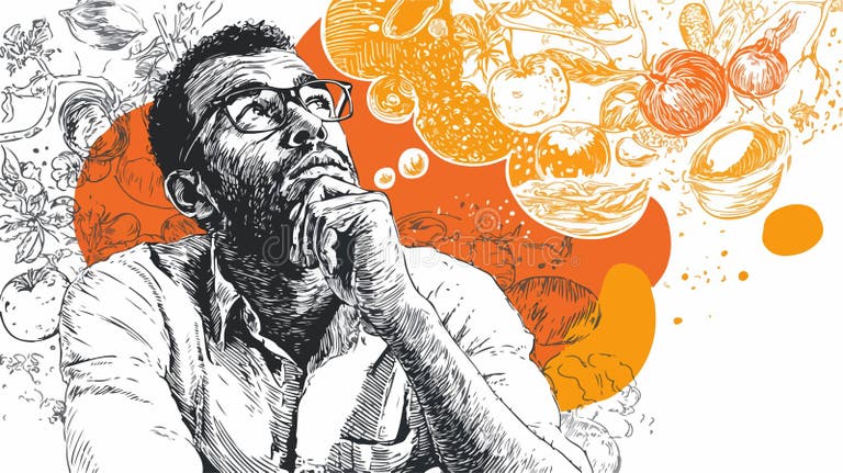 Hungry Man Thinking about Food Hand Drawn Style Vector Illustration ...