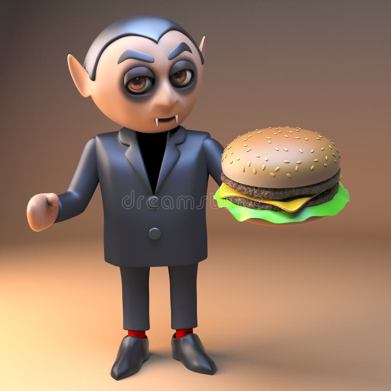 Hungry Vampire Dracula Character in 3d Eating a Delicious Cheeseburger ...