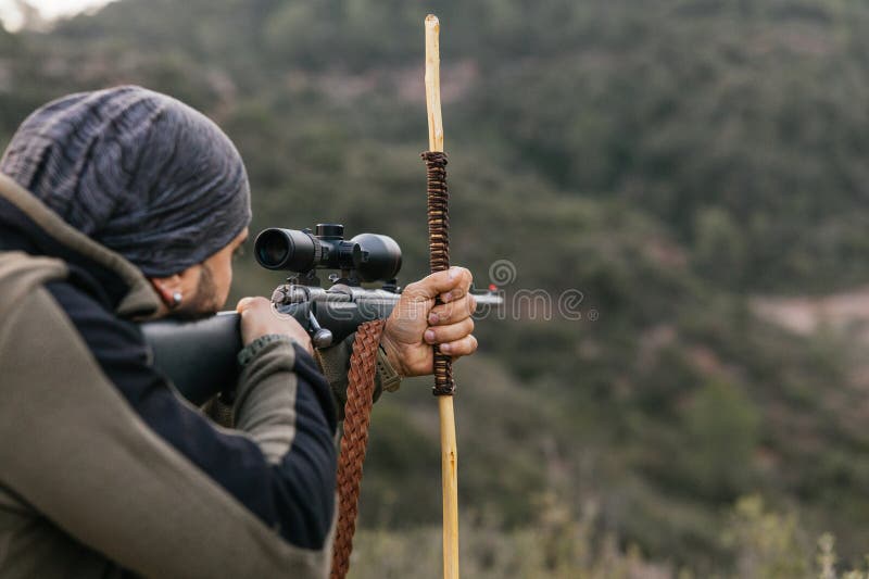 Hunter Aiming with Rifle Scope in Nature Stock Image - Image of ...