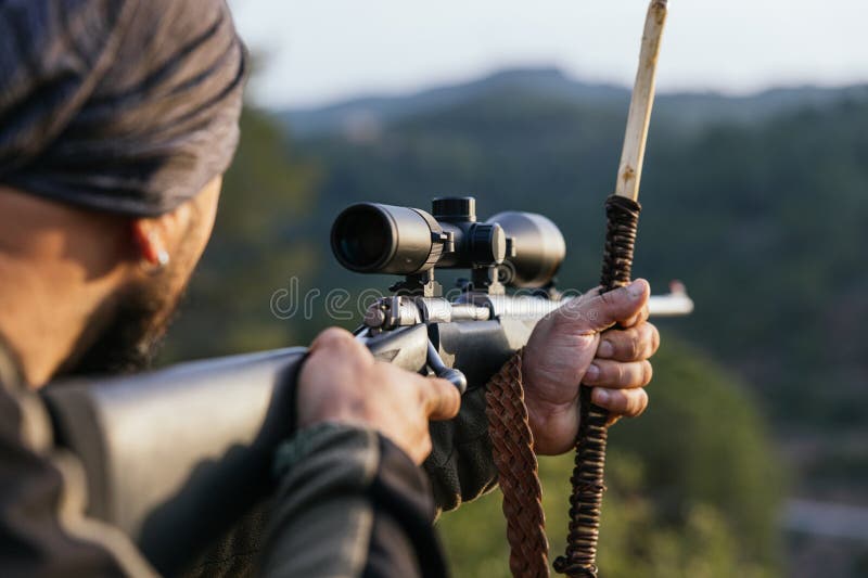 Hunter Aiming with Rifle in Nature Stock Photo - Image of golden ...