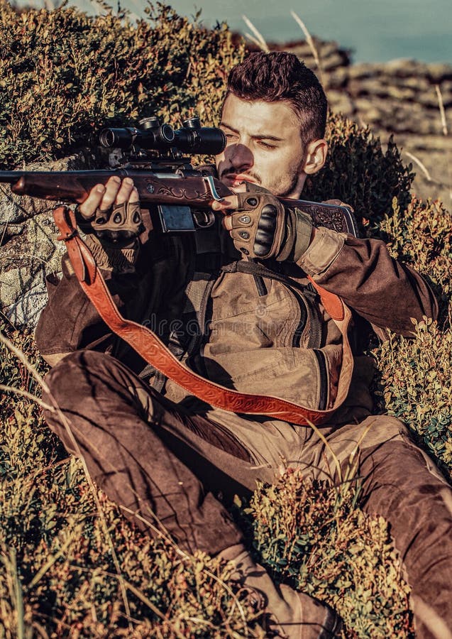 Hunter is Aiming. Shooter Sighting in the Target Stock Photo - Image of ...