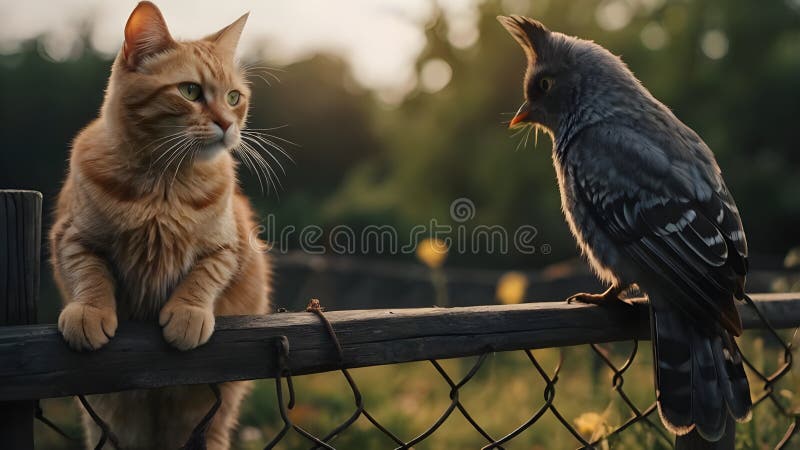Hunter Cat on a Fence Watching a Bird Stock Illustration - Illustration ...
