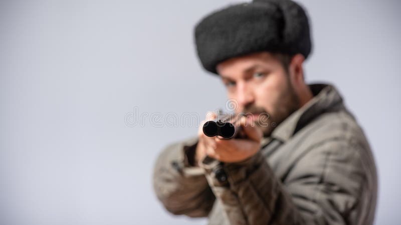 Hunter with Horizontal Double-barreled Shotgun in Hands, Rifle is ...