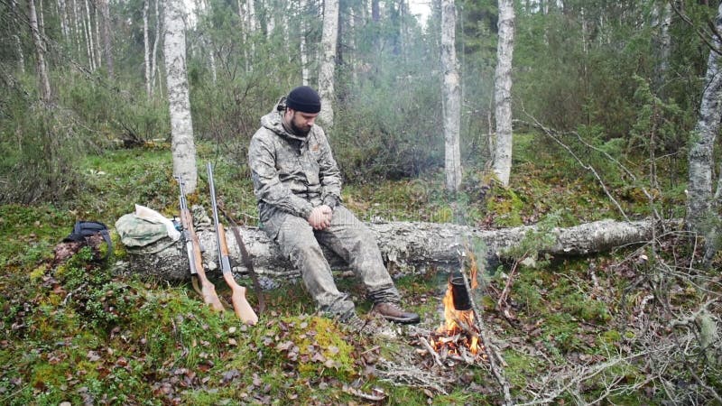 Hunter Man at a Fire in the Forest Stock Footage - Video of human ...