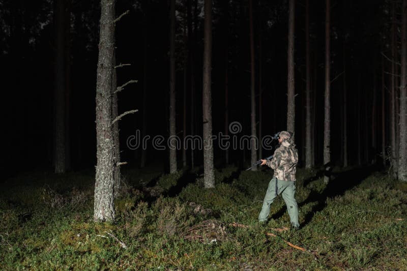 A Hunter with a Night Vision Device and Rifle in a Dark Forest. Night ...
