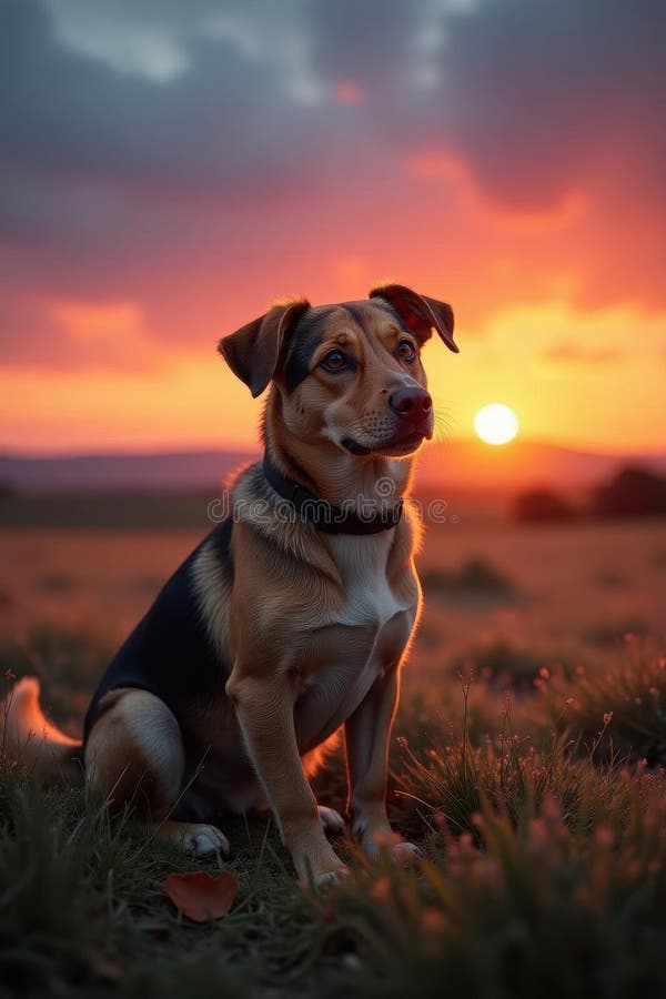 Hunter S Dog Proudly Displays Rabbit, Vibrant Sunset Backdrop , Field ...