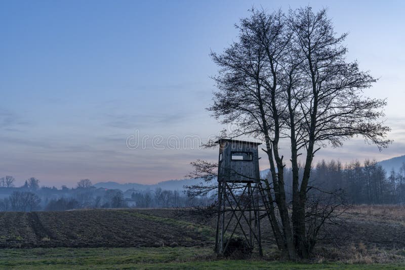 A Hunter S Tower in the Fields Hidden Behind a Tree Stock Photo - Image ...