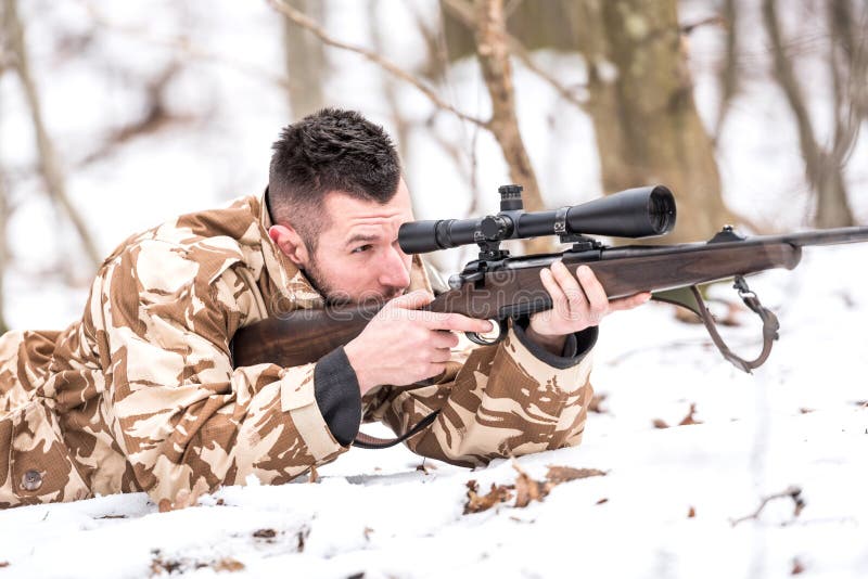 Hunter with a Sniper Rifle Shooting during Open Season Stock Photo ...